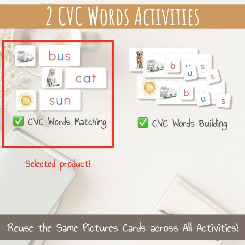 CVC Words & Pictures Matching | Phonics Cards | Matching Cards ...