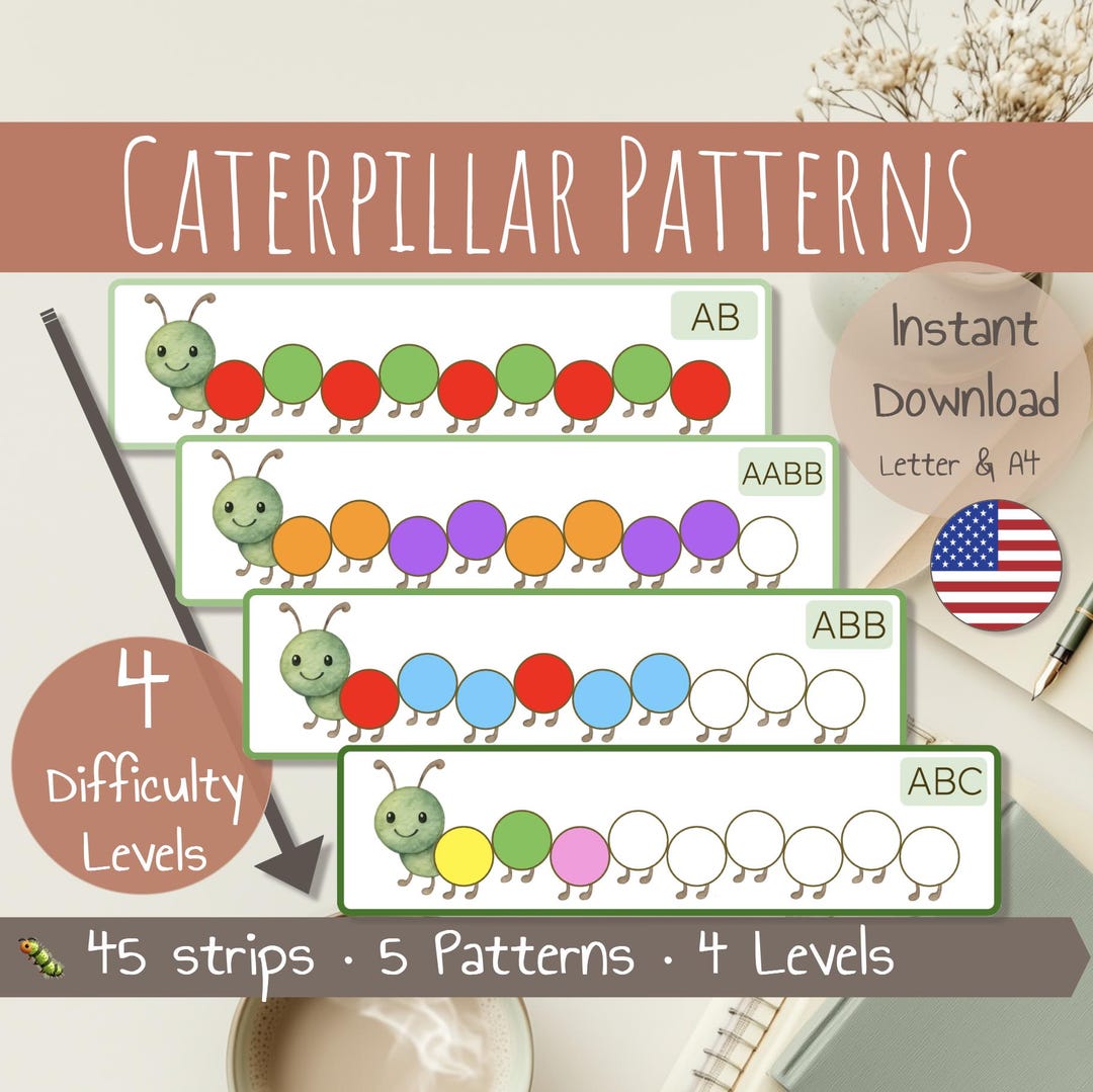 Pom-pom Caterpillar Pattern Building | Montessori Printable Pattern ...