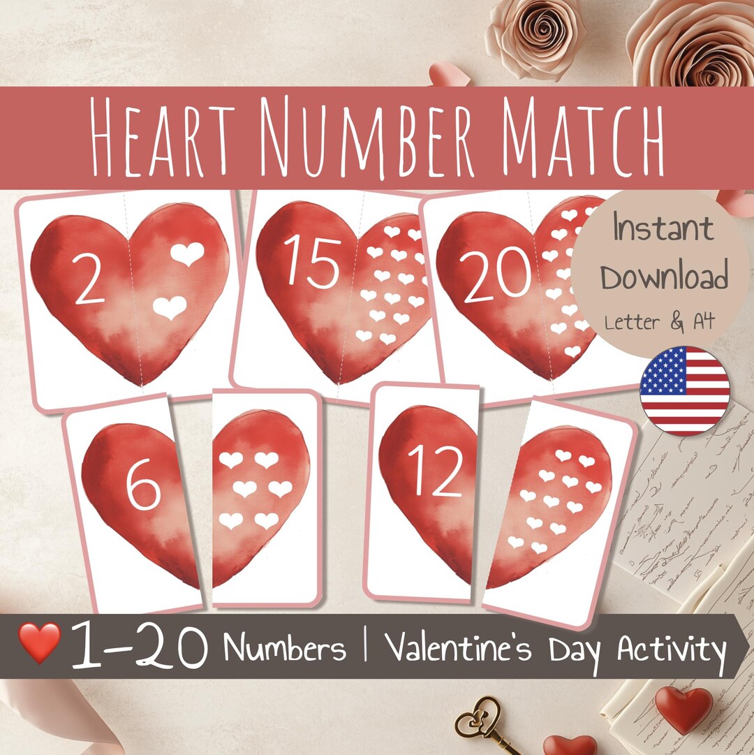 Heart Number Match 1-20 – Printable Valentine's Day Counting Activity ...