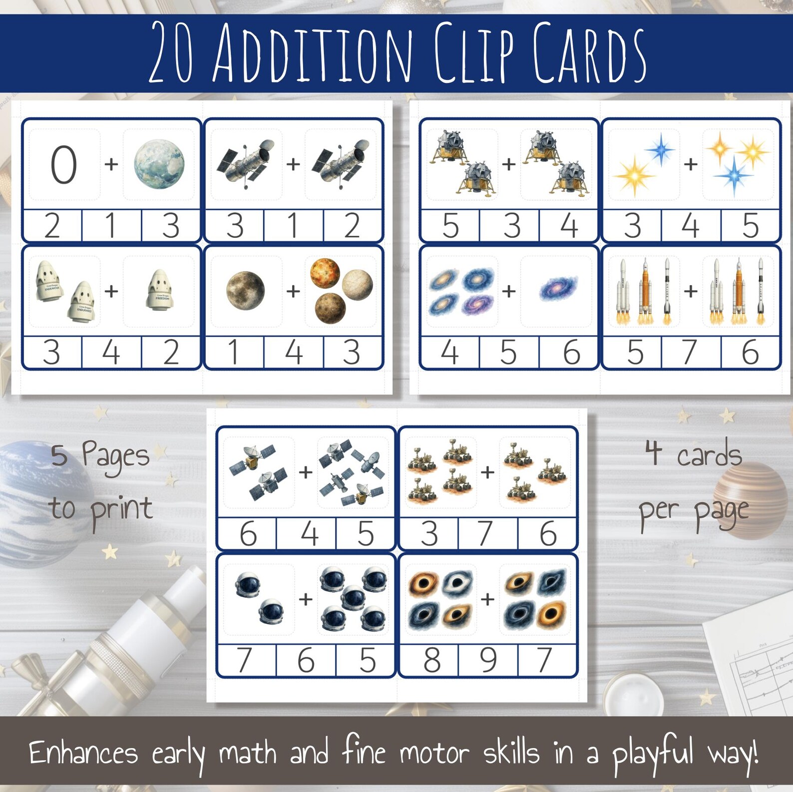 Space Addition Clip Cards – 20 Printable Count and Clip Cards – Outer ...