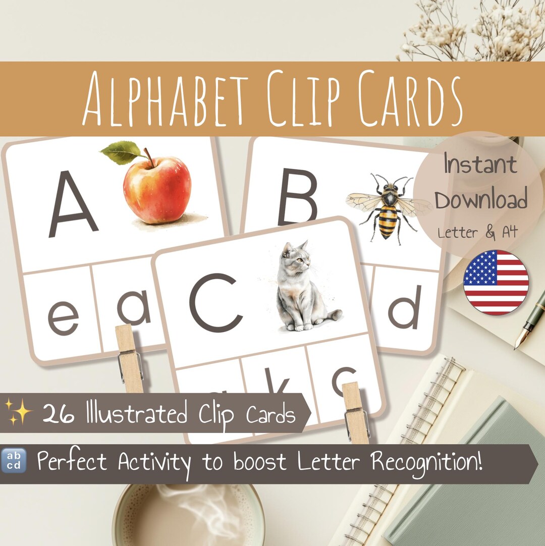 26 Alphabet Clip Cards | Illustrated ABC Clip Cards | Letter Matching ...