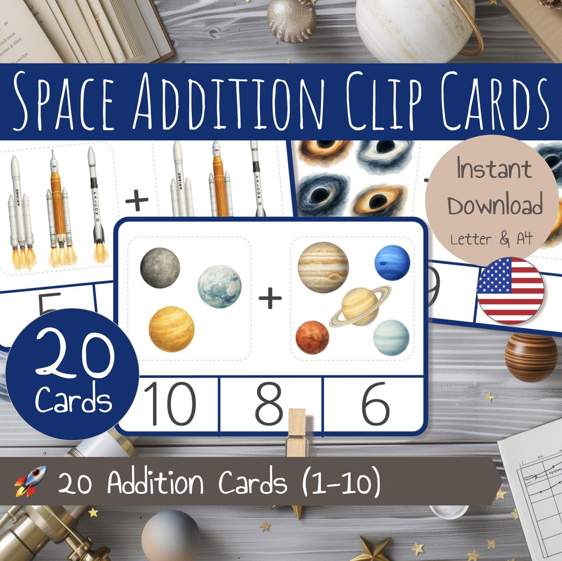 Space Addition Clip Cards – 20 Printable Count and Clip Cards – Outer ...