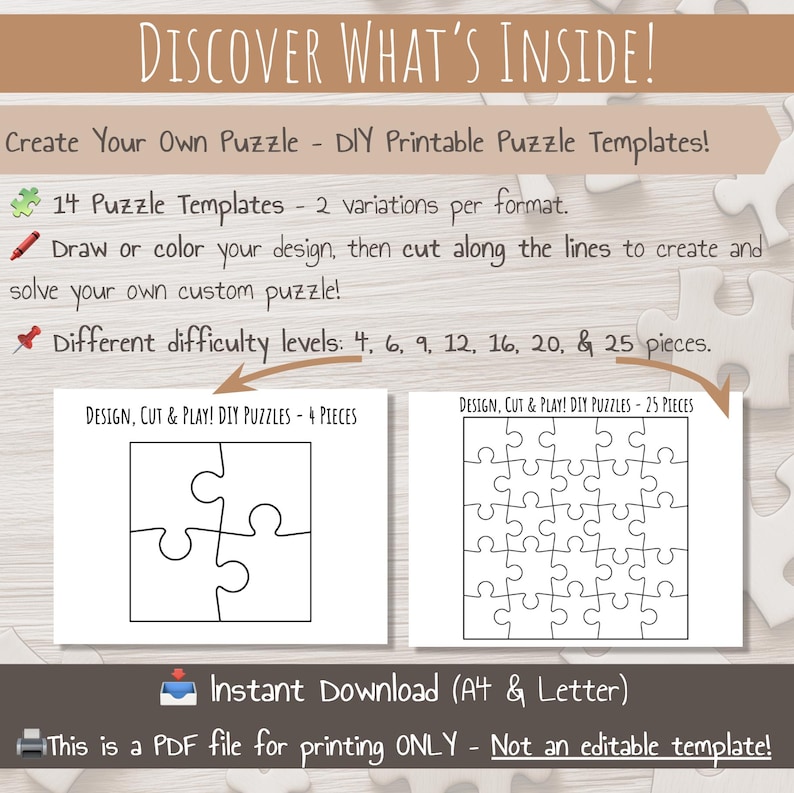 Puzzle Templates 4 to 25 Pieces | Create Your Own Puzzle | Custom DIY ...