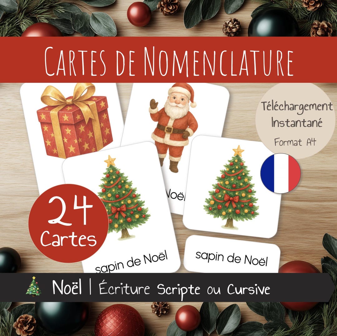 Christmas Montessori Three-part Cards | 24 Cards Printable Vocabulary ...