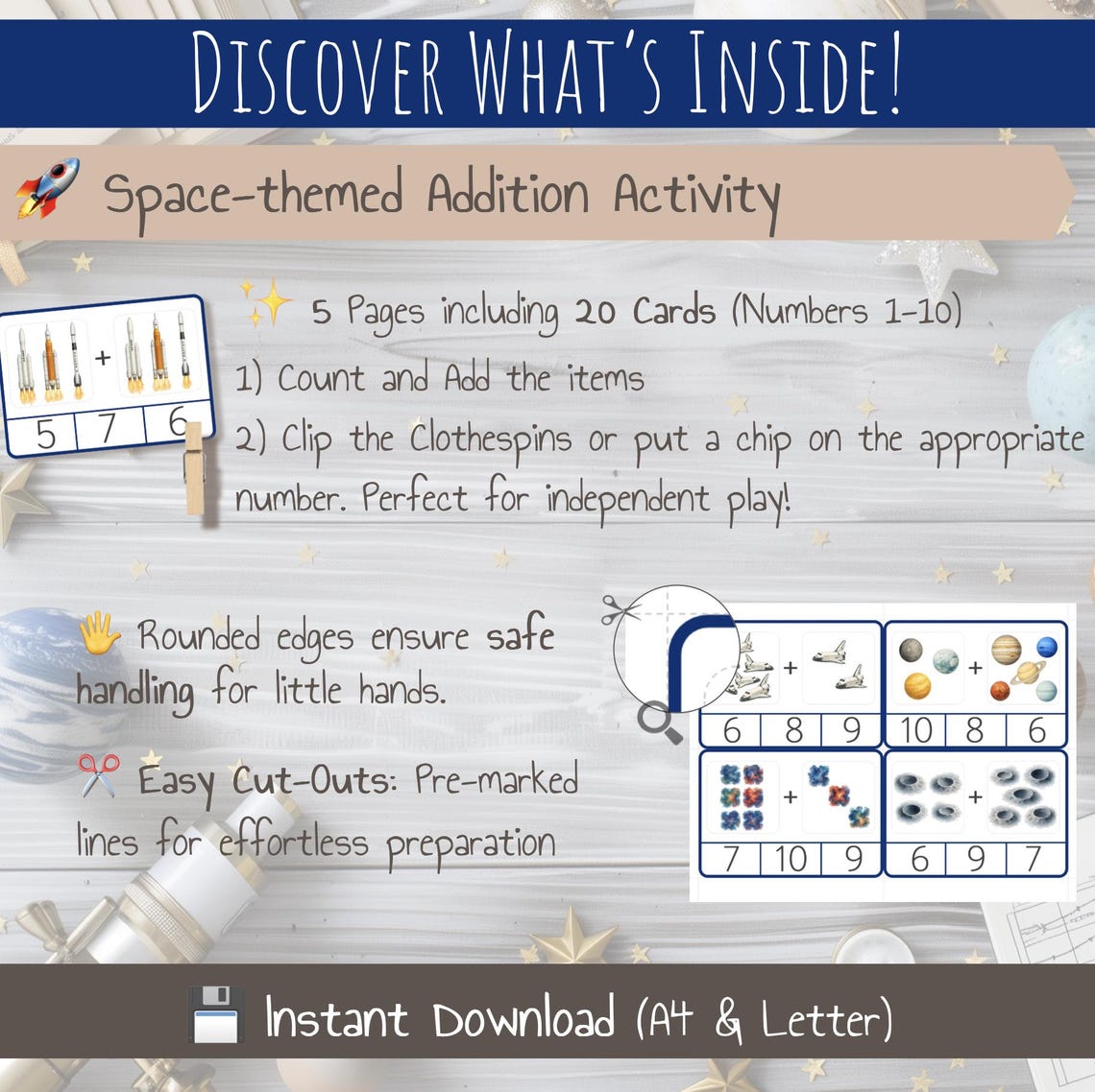 Space Addition Clip Cards – 20 Printable Count and Clip Cards – Outer ...