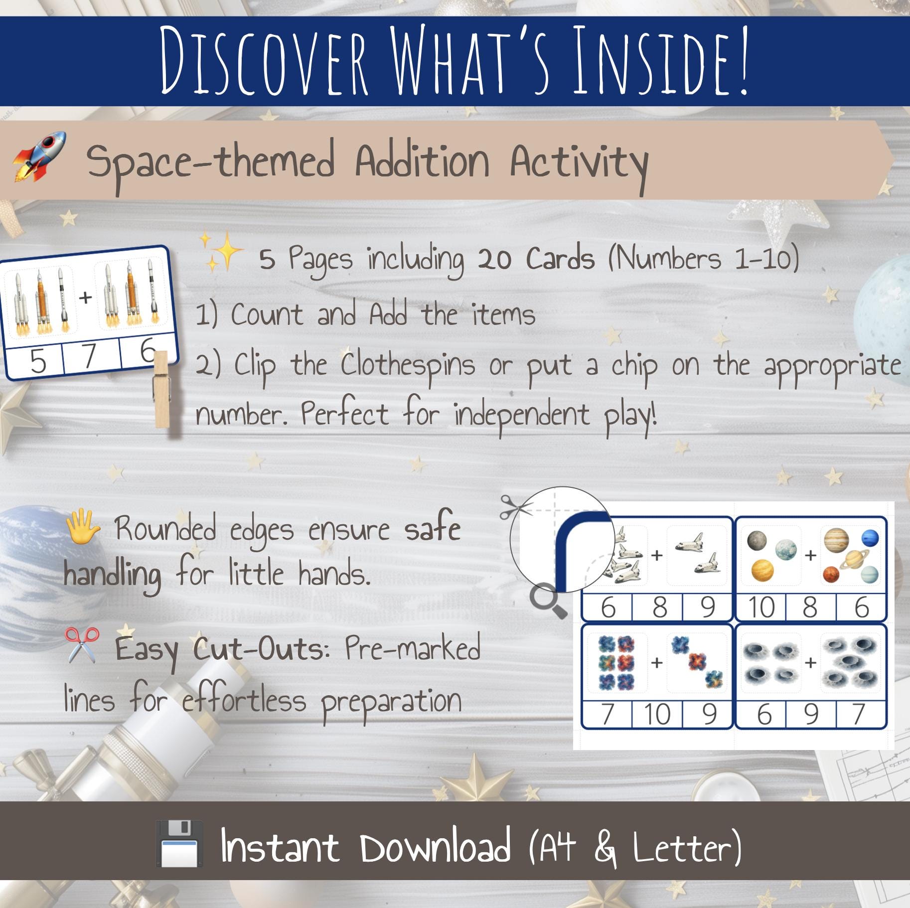 Space Addition Clip Cards – 20 Printable Count and Clip Cards – Outer ...