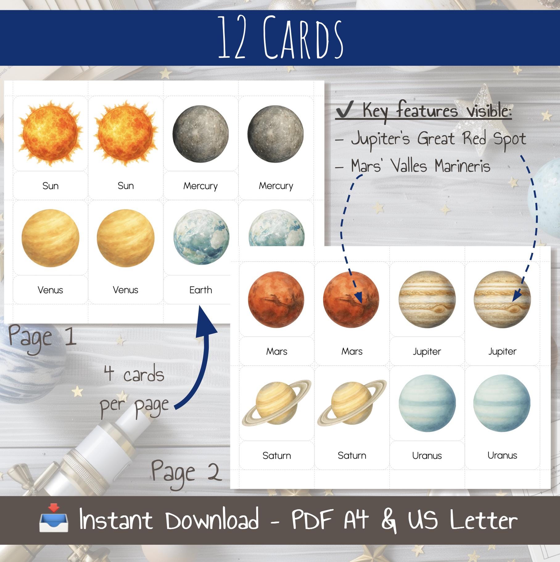 12 Solar System Cards | Space Flashcards | Planets Flashcards ...