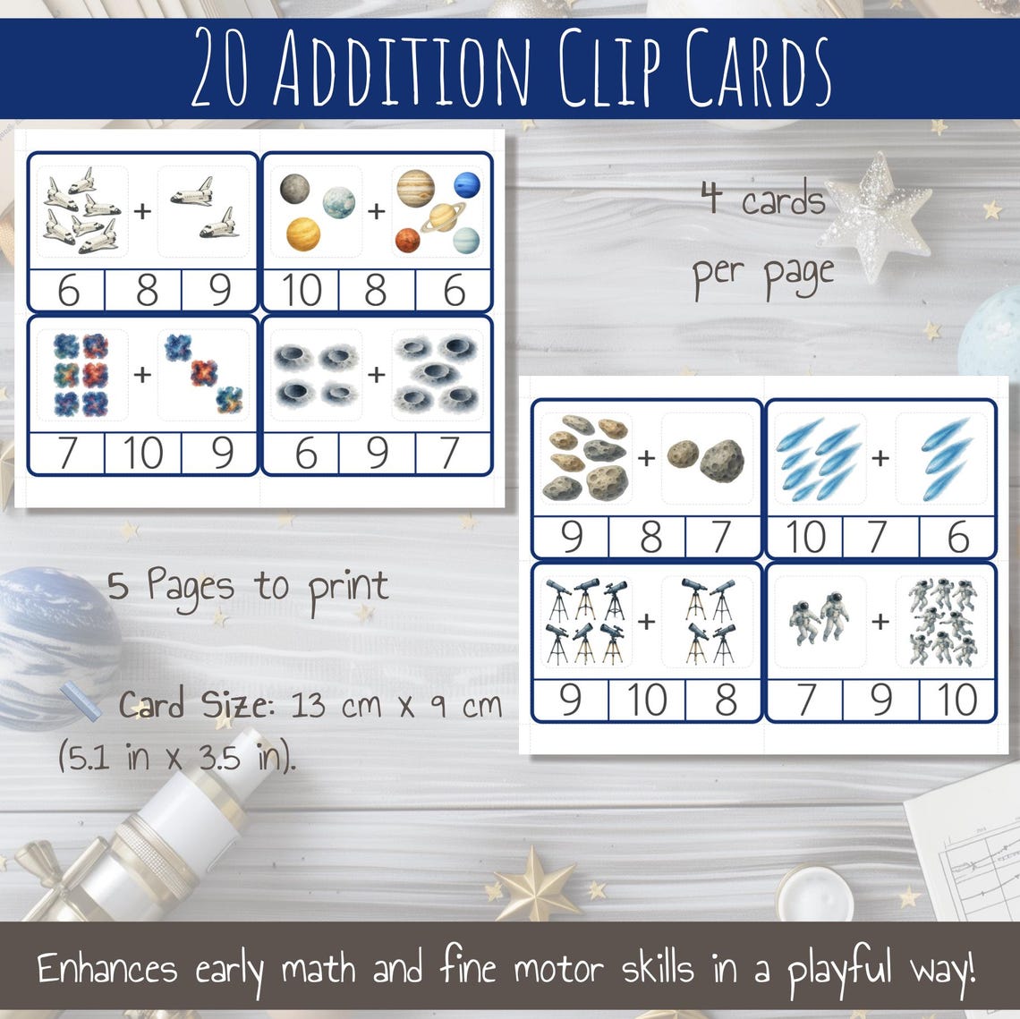 Space Addition Clip Cards – 20 Printable Count and Clip Cards – Outer ...