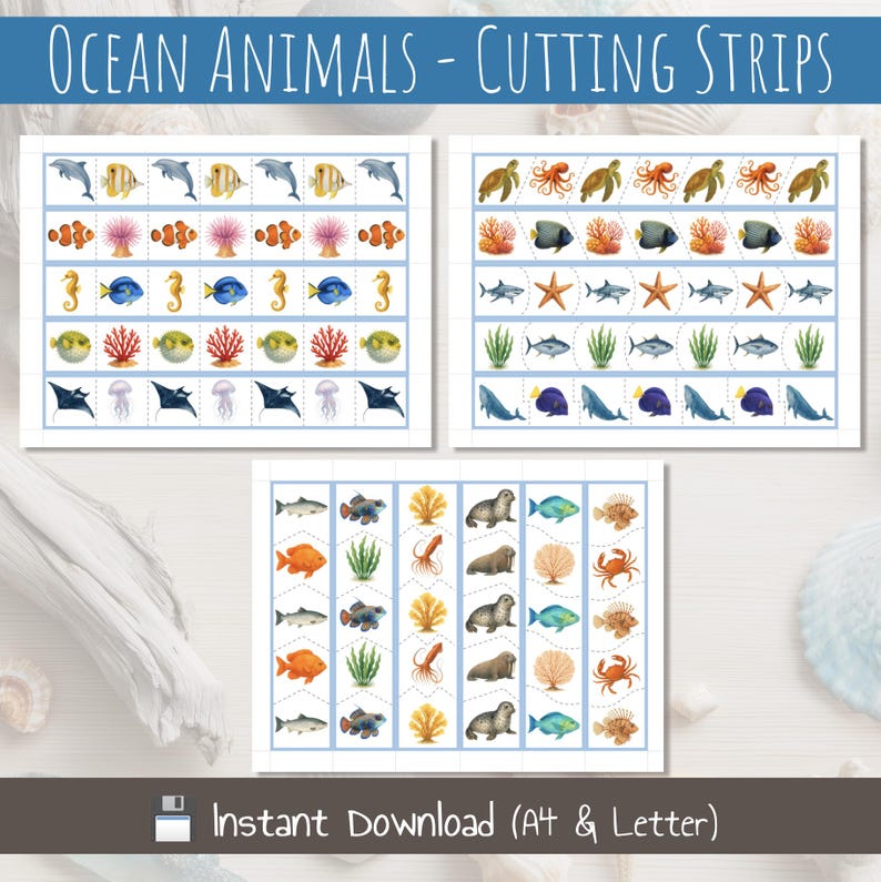 Ocean Animals Cutting Strips | Scissor Skills | Cutting Practice for ...