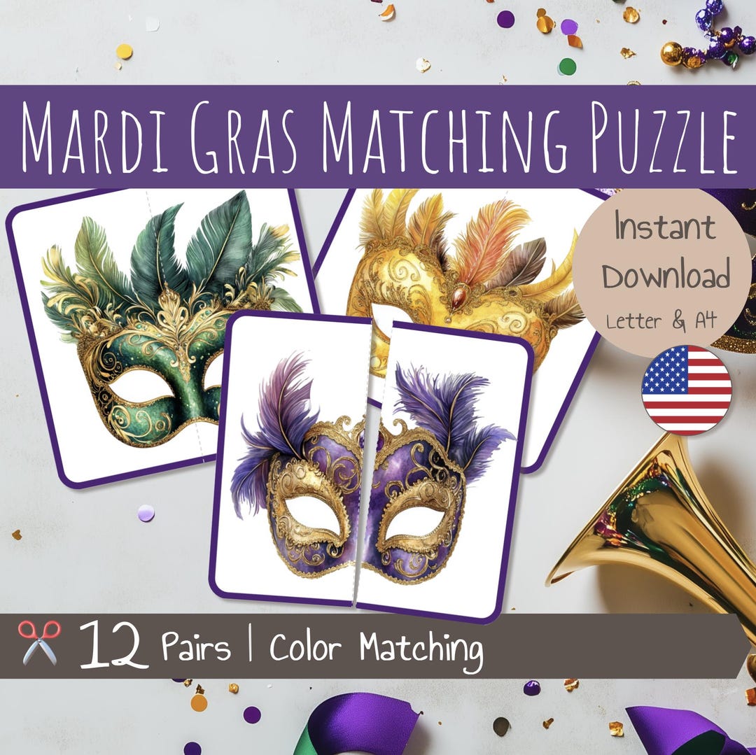 Mardi Gras Matching Activity | 12 Puzzle Pairs | Color Matching ...