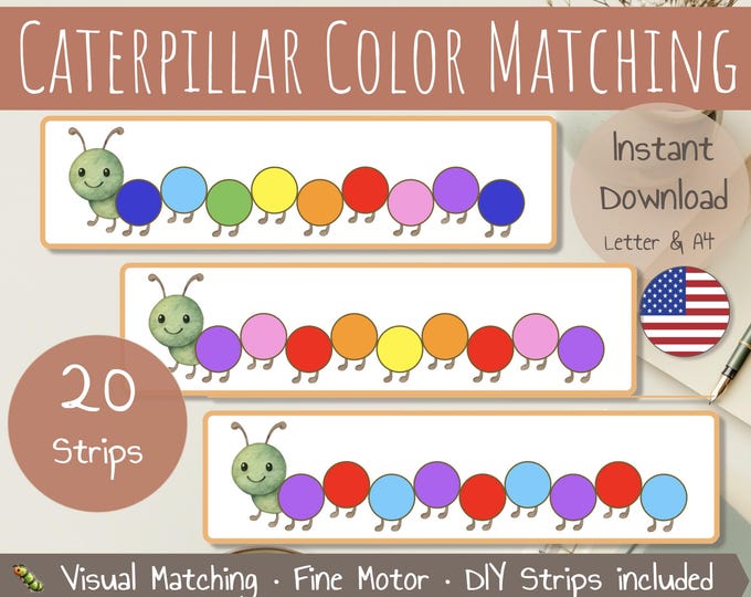 Caterpillar Counting Printable: Color Matching Preschool Game (digital ...