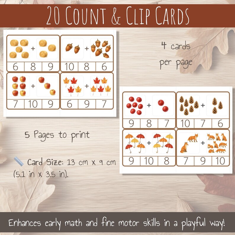 Fall Autumn Addition Clip Cards – 20 Printable Count and Clip Cards ...