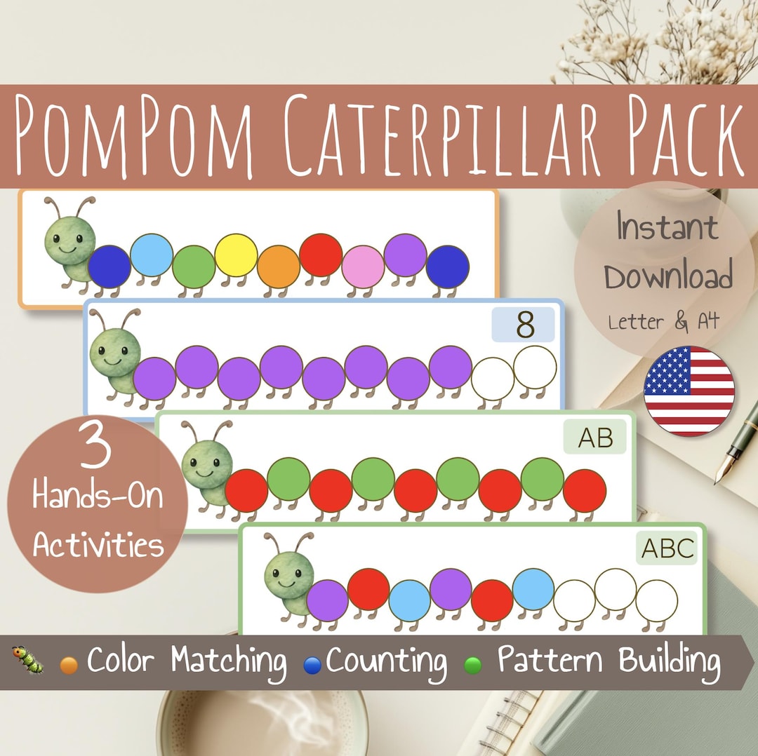 Pom-pom Caterpillar Learning Pack | Color Matching, Counting & Patterns ...