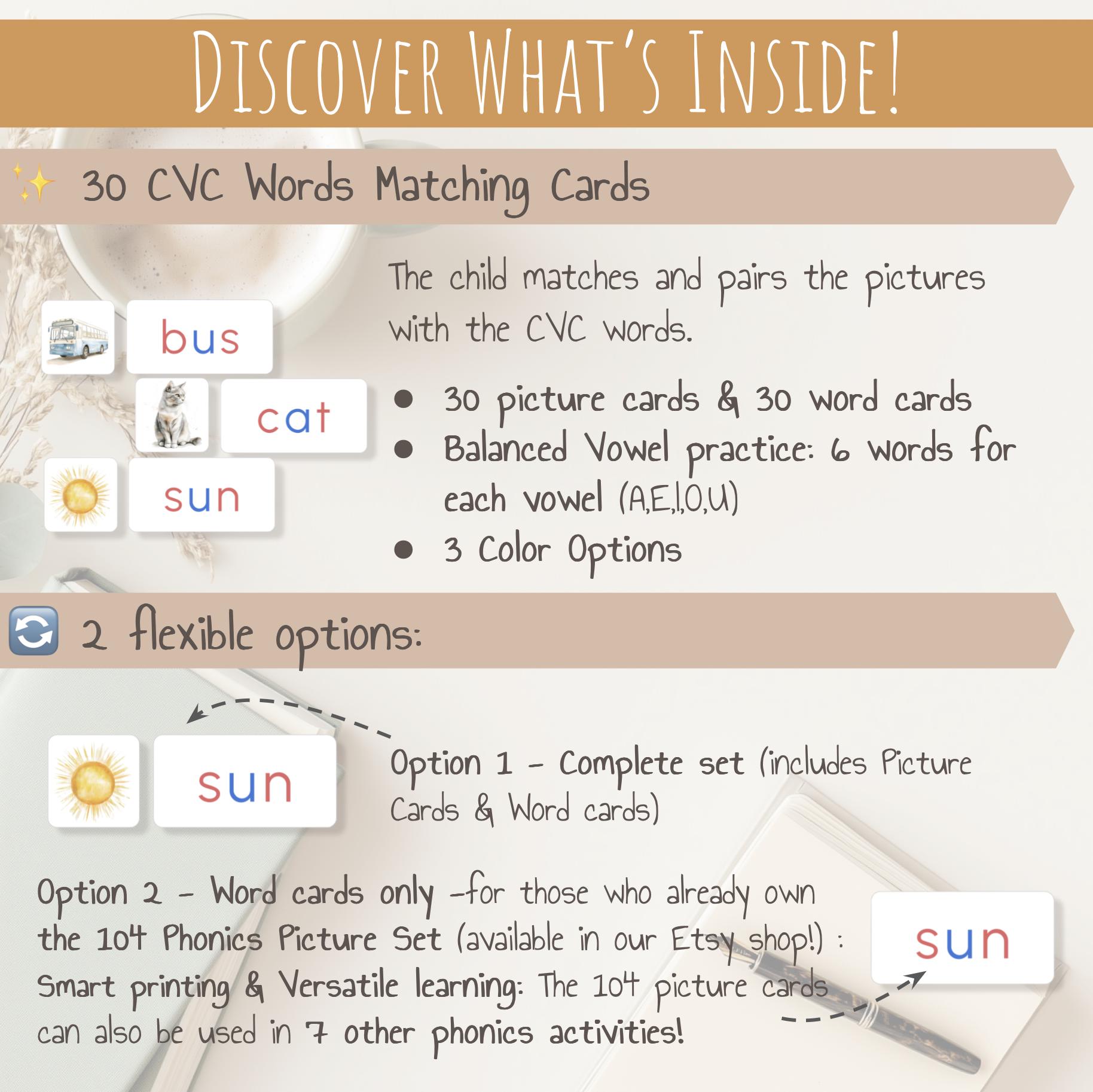 CVC Words & Pictures Matching | Phonics Cards | Matching Cards ...