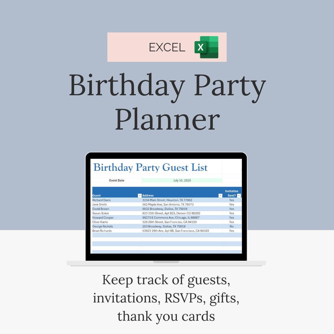 Birthday Party Planner Excel Tool to Track Guests, Invitations, Rsvps ...