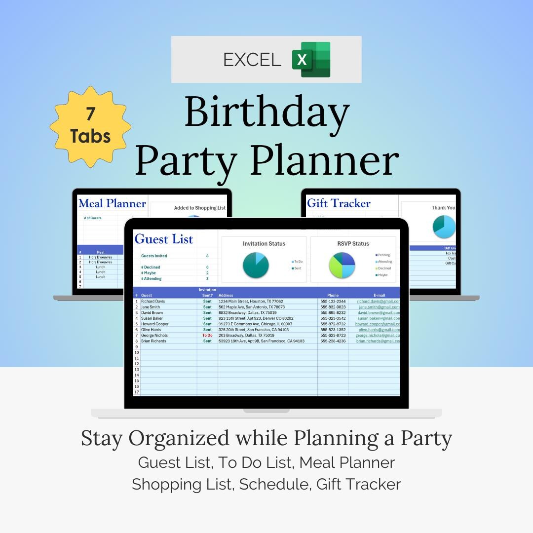 Birthday Party Planner Excel Tool - Guest List, to Do List, Meal ...