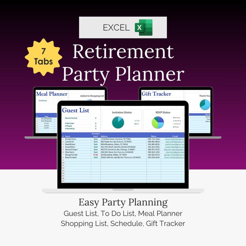 Retirement Party Planner Excel Tool - Guest List, to Do List, Meal ...