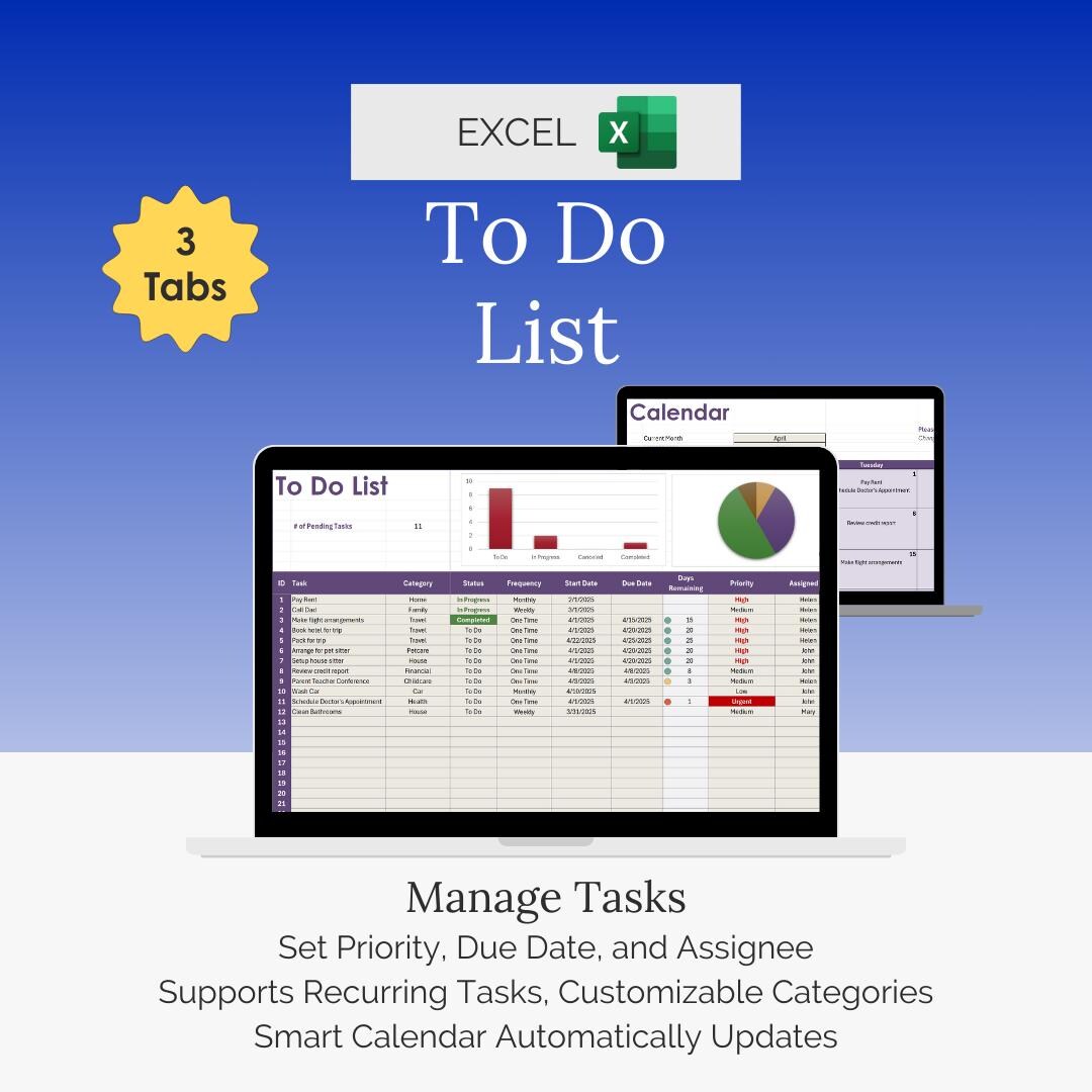 To Do List - Excel Tool - Manage Tasks - Supports Recurring Tasks ...
