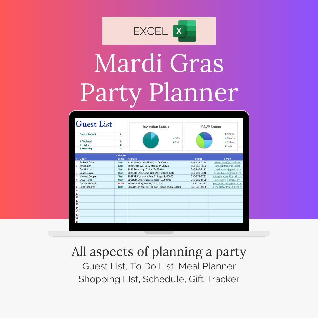 Mardi Gras Party Planner Excel Tool - Guest List, to Do List, Meal ...