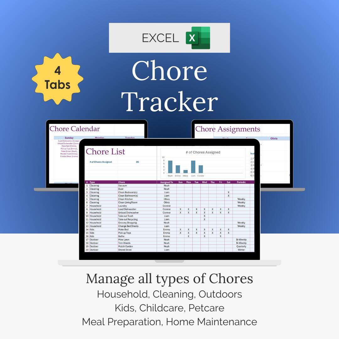 Chore Tracker - Excel Tool - Chore List, Chore Calendar, Task ...