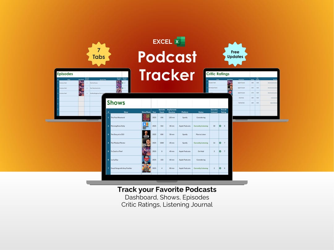 Podcast Tracker Spreadsheet Excel Episode Log Podcast Show List Library ...