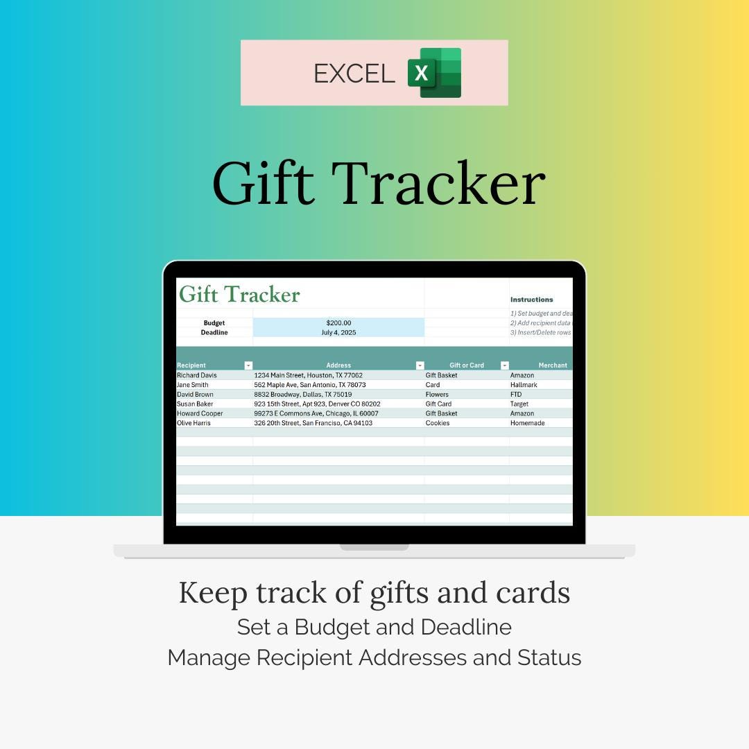 Gift Tracker - Excel Tool - Track Cards and Gifts - Set Budget ...