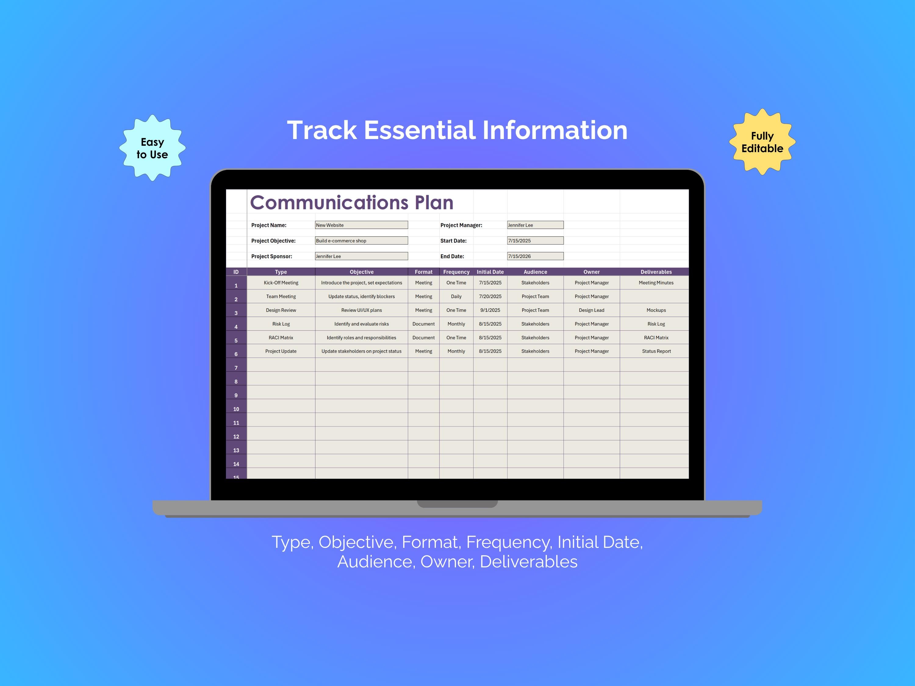 Communications Plan - Excel - Project Management Tool, PMBOK Template ...