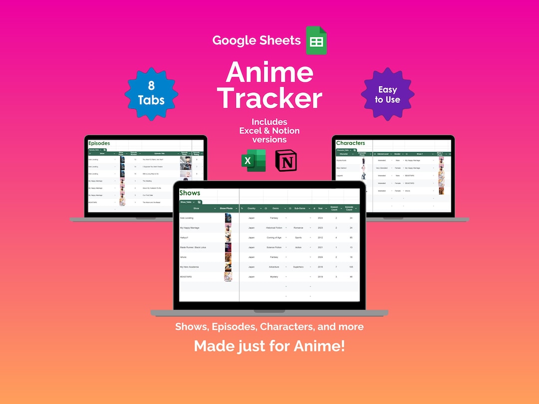 Anime Tracker Google Sheets Spreadsheet Digital Planner Anime Journal ...