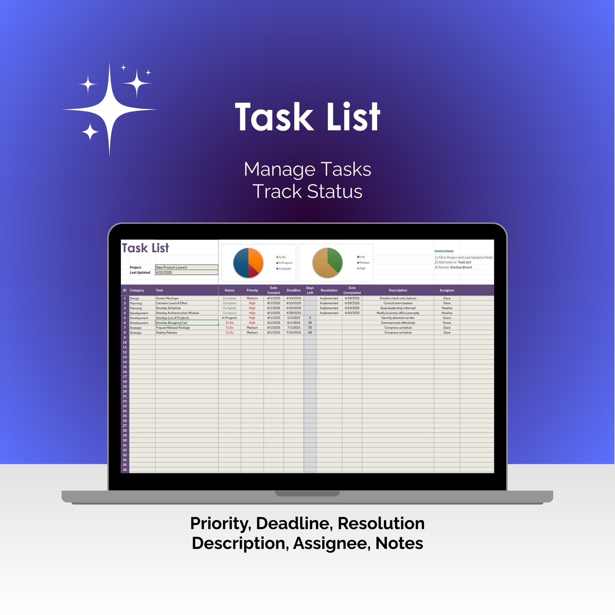 Kanban Board and Task List - Project Management Excel Tool - Manage Project Tasks - Visualize ...