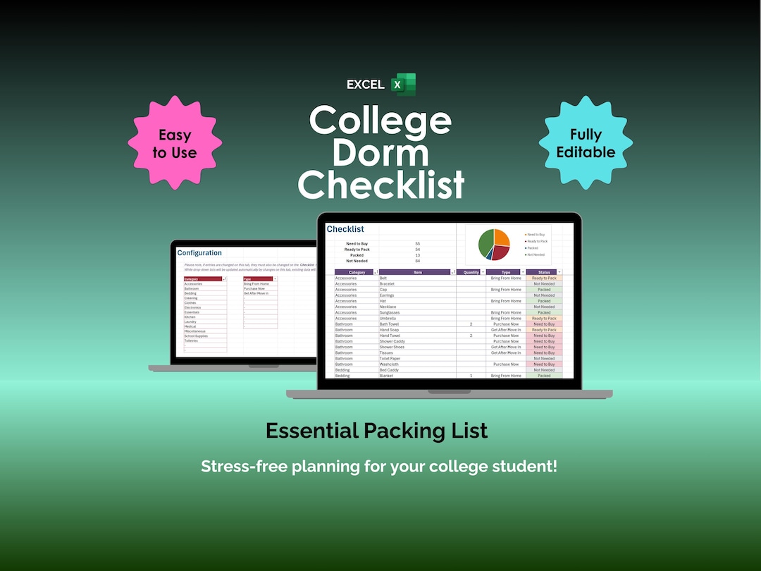 College Dorm Checklist Excel Tool - Freshman Packing List, First Year ...
