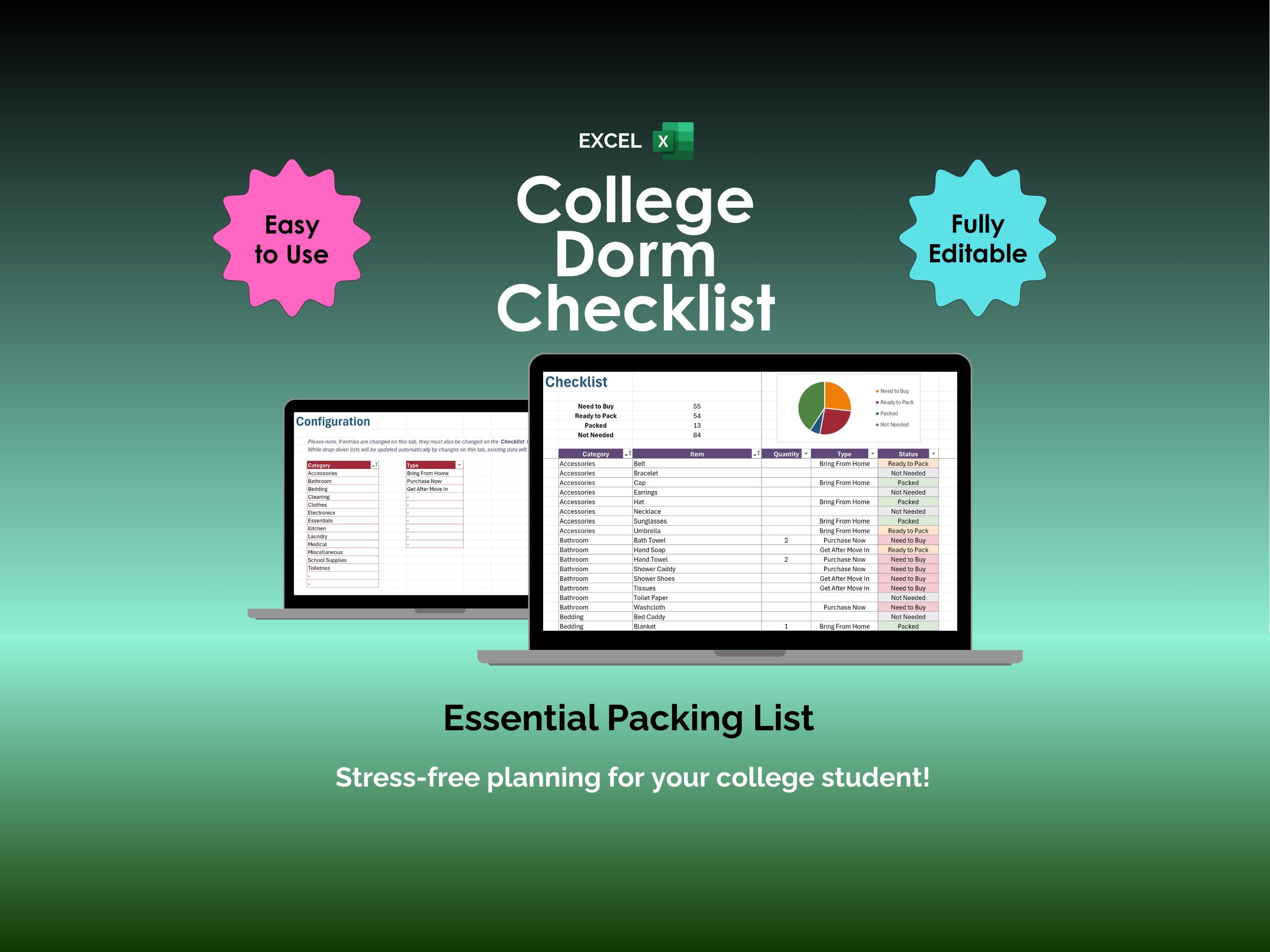 College Dorm Checklist Excel Tool - Freshman Packing List, First Year ...