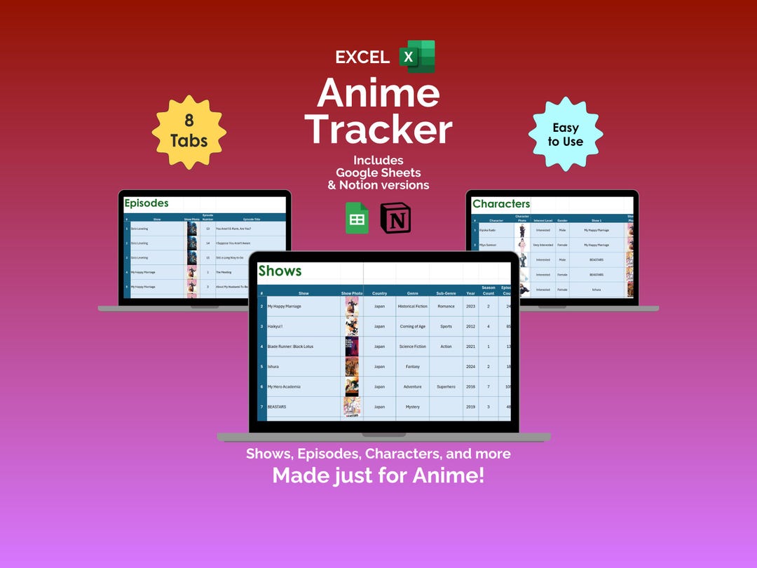Anime Watch List Tracker Spreadsheet Template Otaku Planner Episode ...