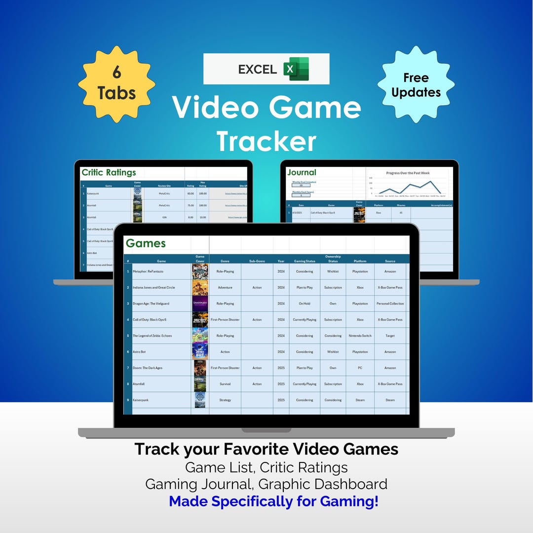 Video Game Tracker - Excel Tool - Gaming Log, Game Wishlist, Digital ...