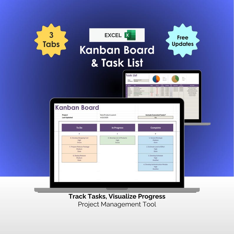 Kanban Board and Task List - Project Management Excel Tool - Manage Project Tasks - Visualize ...