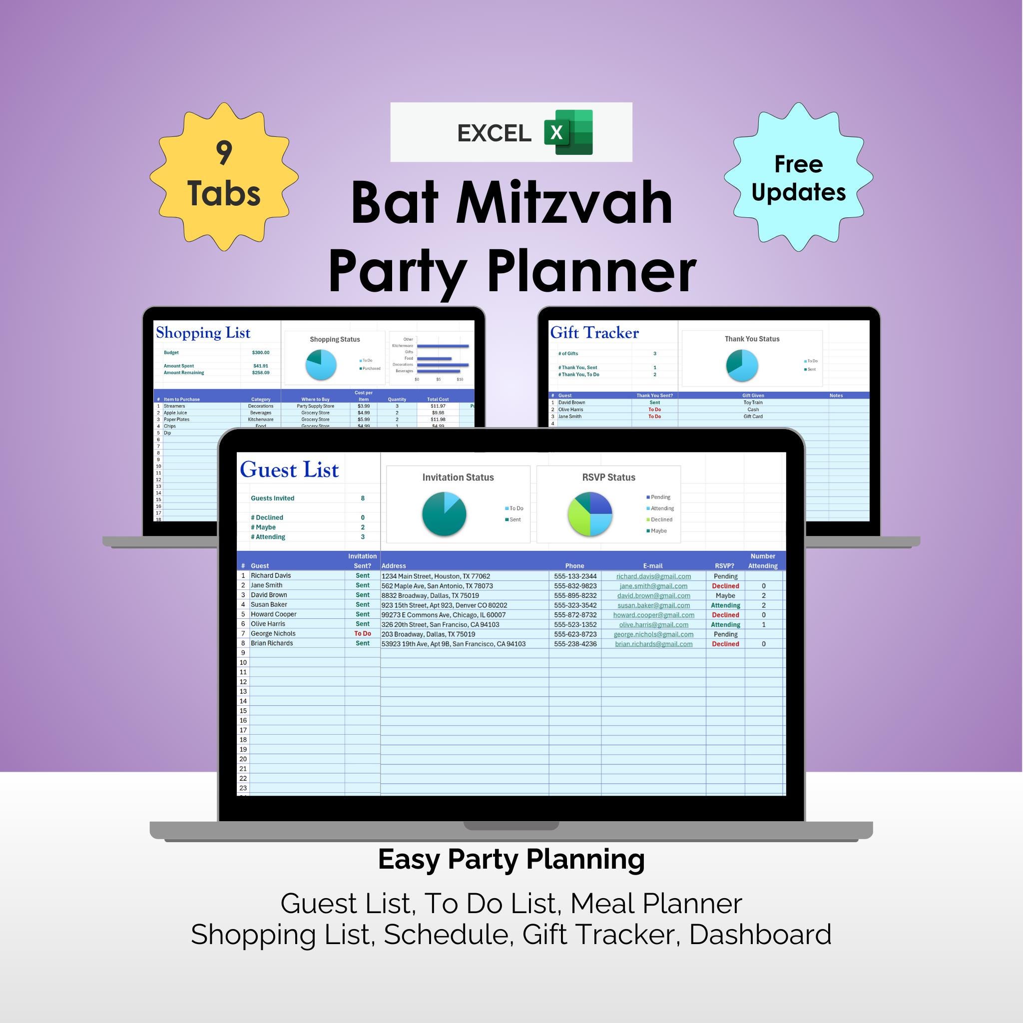 Bat Mitzvah Party Planner Excel Tool - Guest List, to Do List, Meal Planner, Shopping List ...