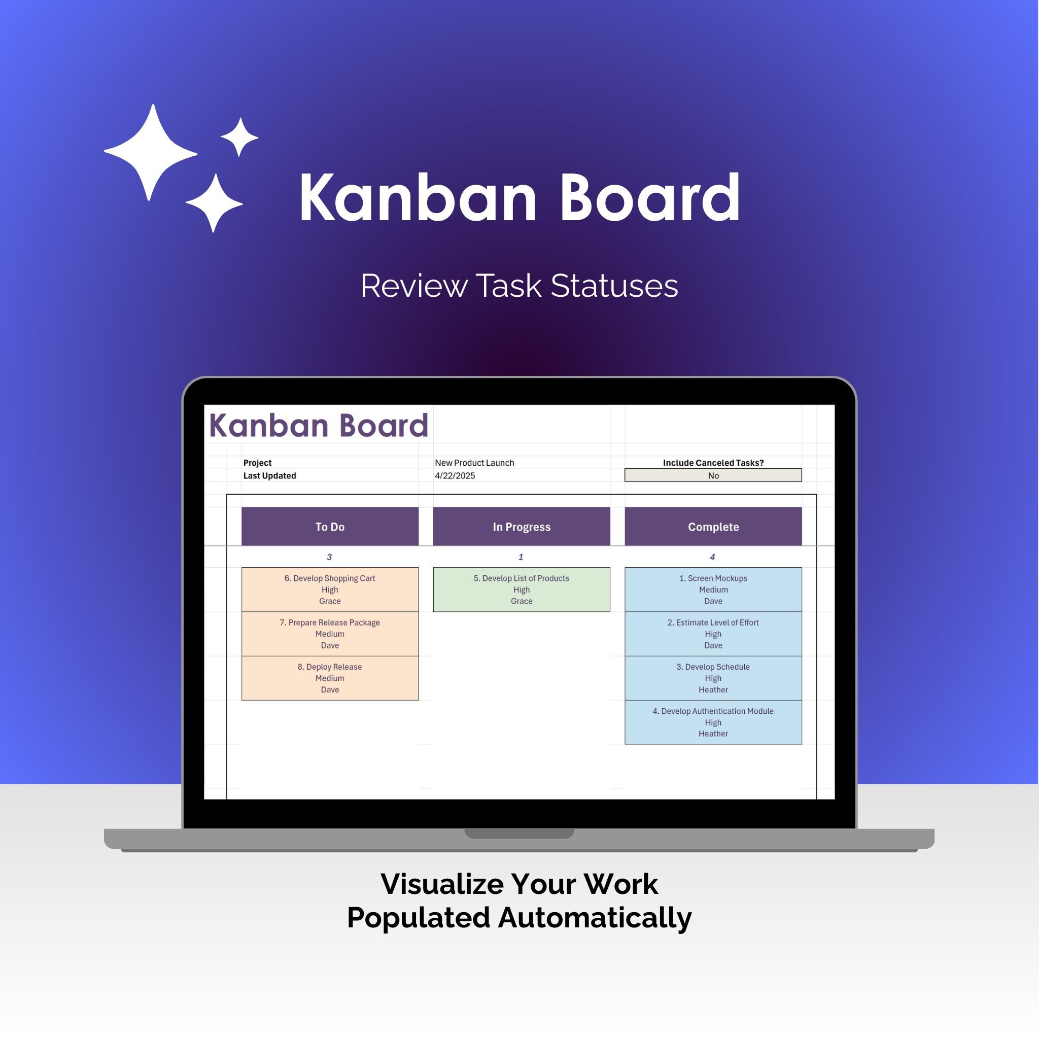 Kanban Board and Task List - Project Management Excel Tool - Manage Project Tasks - Visualize ...