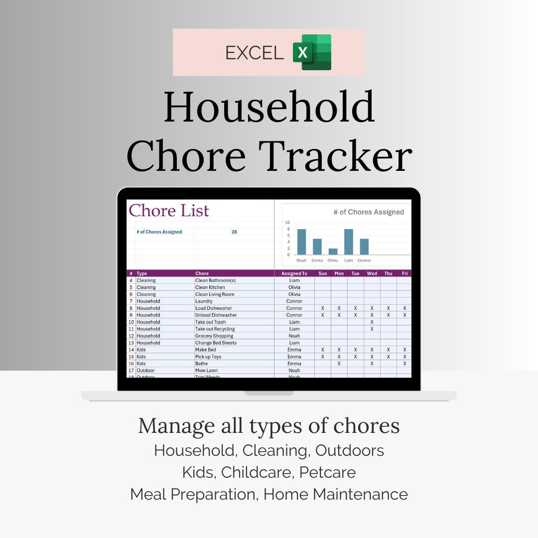 Household Chore Tracker Excel Tool - Manage Chore List, Calendar, and ...