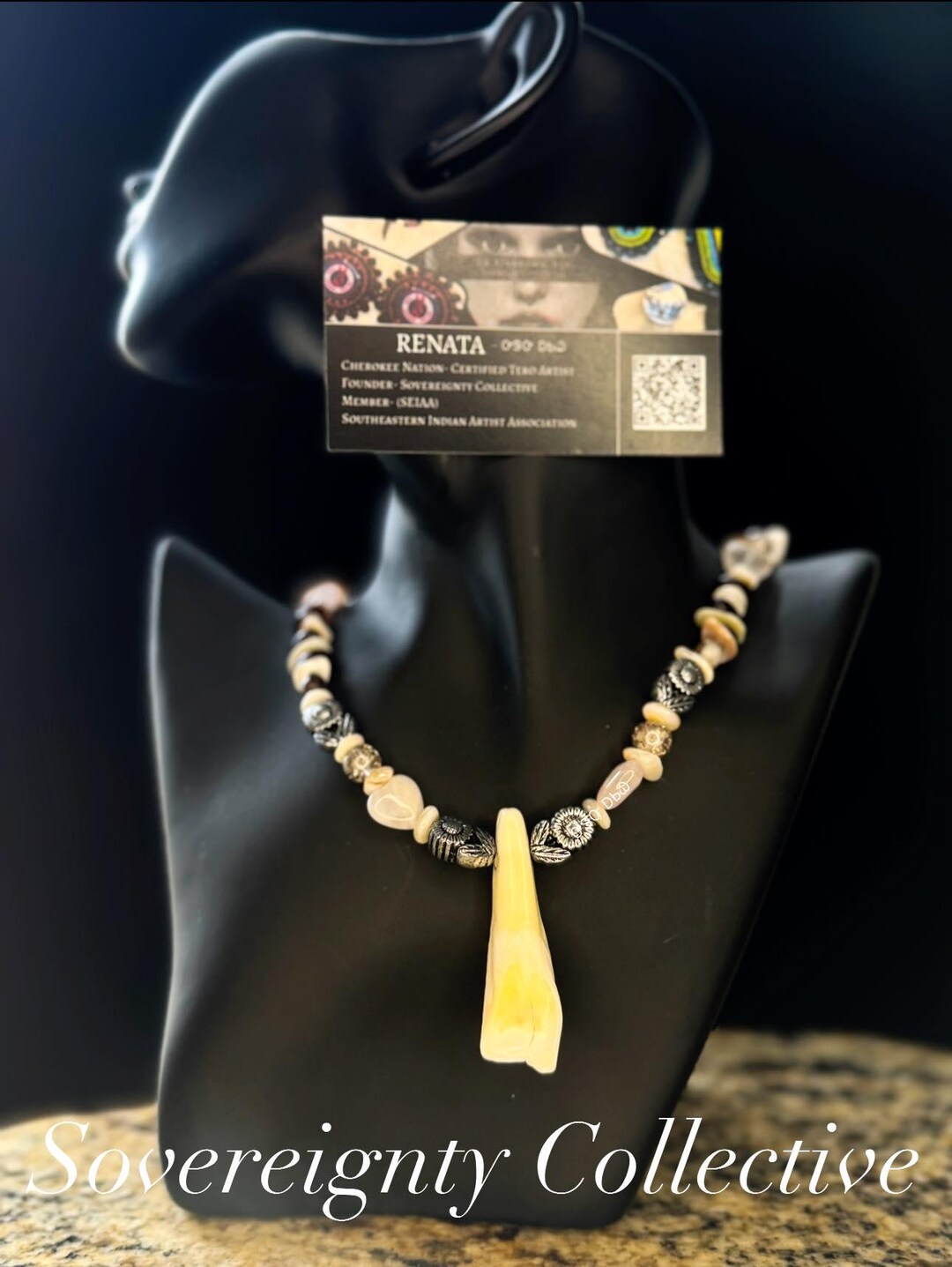Buffalo Tooth Carved Shell and Rose Quartz Heart Necklace by Cherokee ...