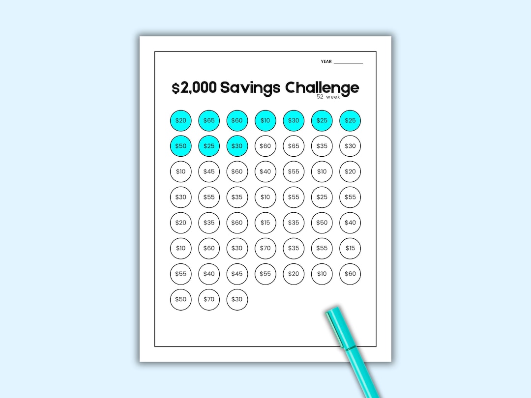 2000 Dollar Savings Challenge Printable, 52 Week Tracker (digital ...