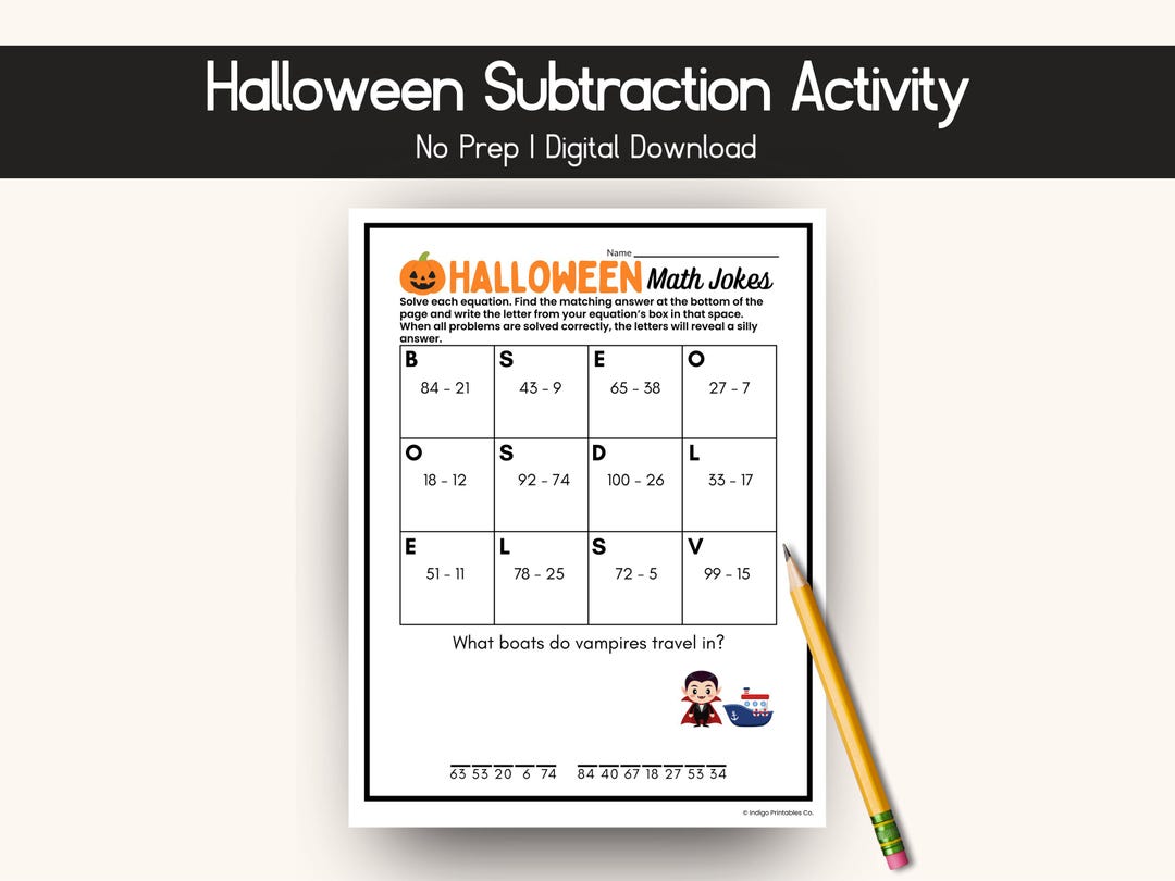 Halloween Subtraction Math Joke Activity, Kids Homeschool (digital ...