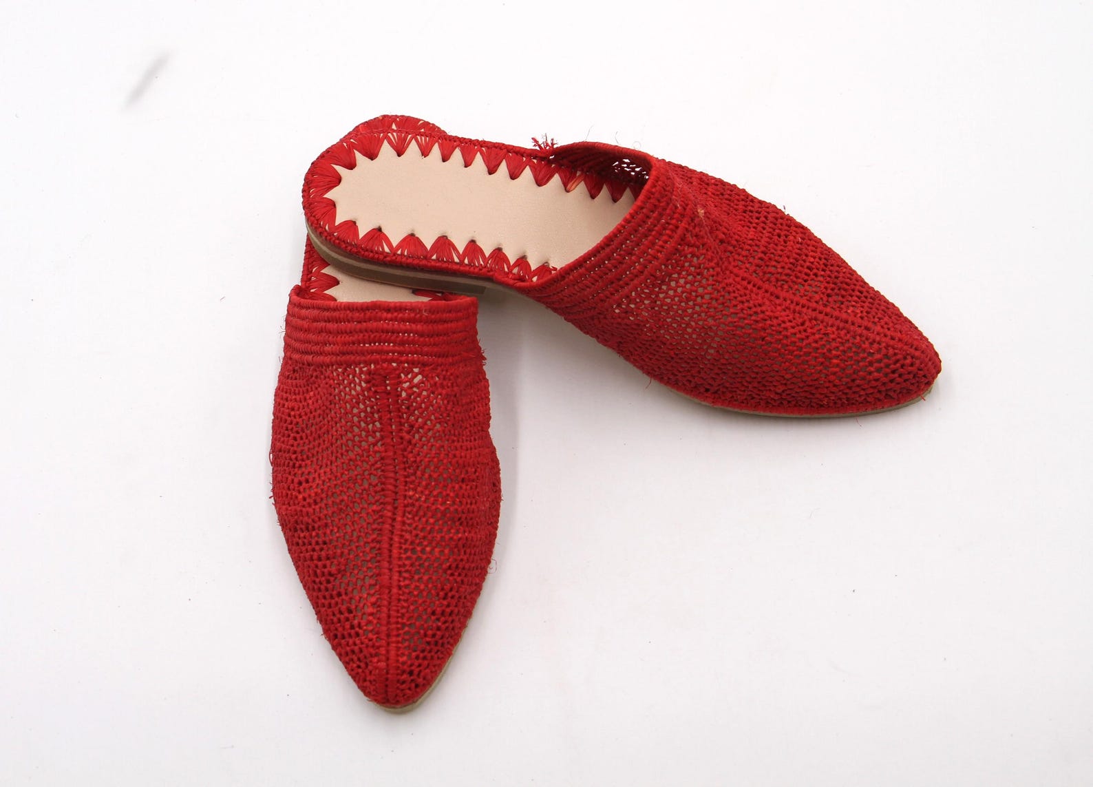 Red Raffia Slides, Handmade Moroccan Shoes, Raffia Women Babouch, Flats ...