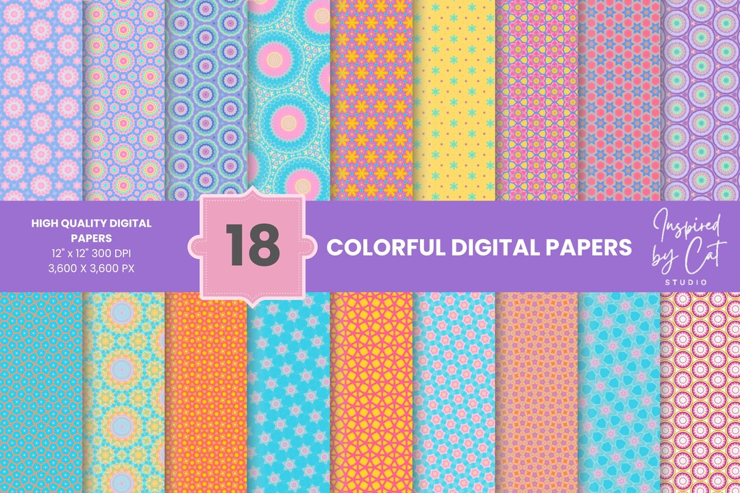 18 Colorful Digital Paper Pack for Commercial Use, Scrapbook Paper ...
