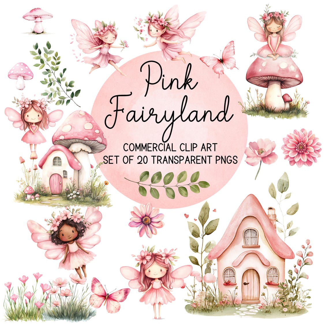 Pink Fairyland Clip Art, Fairy Garden Clipart, Pink Butterfly, Pink ...