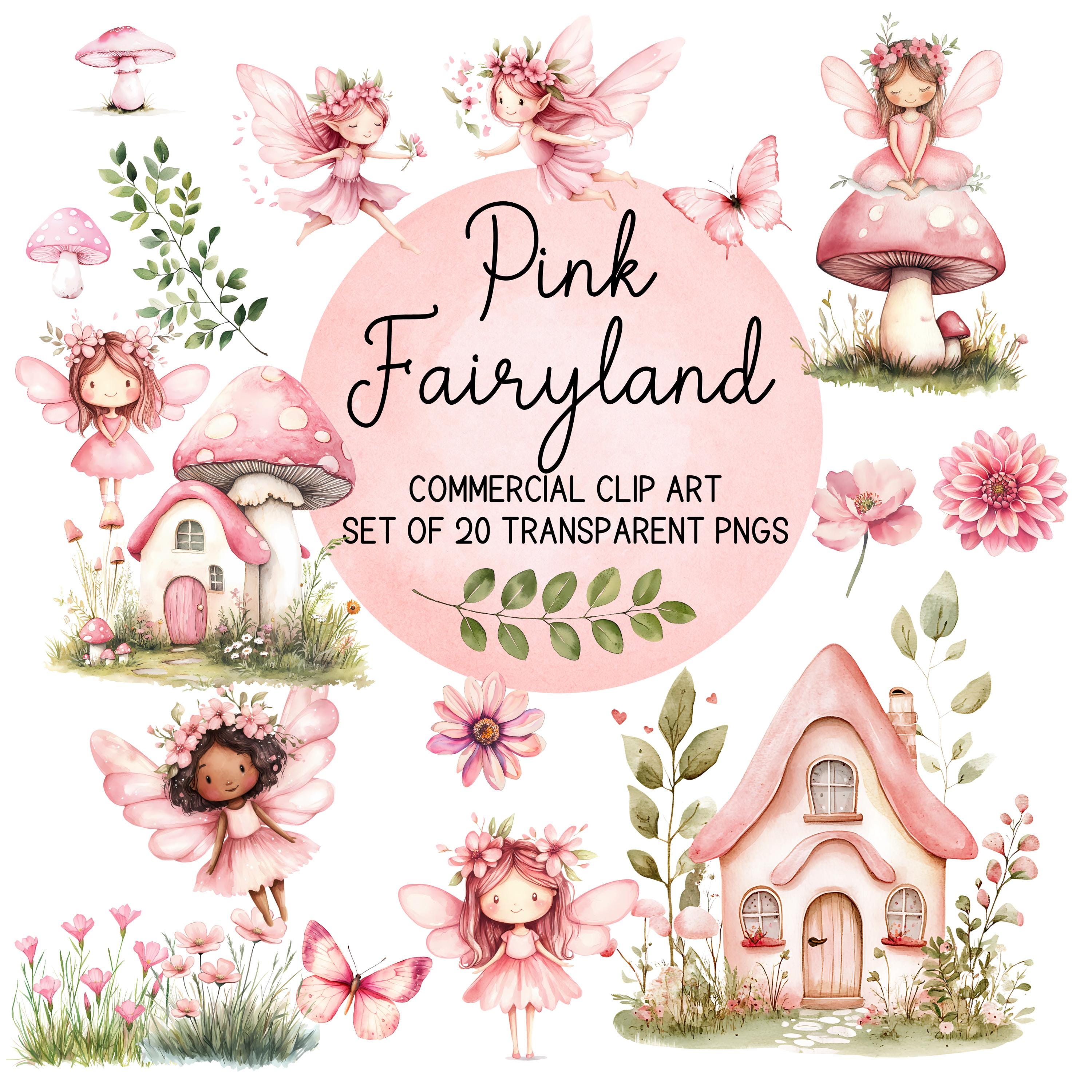 Pink Fairyland Clip Art, Fairy Garden Clipart, Pink Butterfly, Pink ...