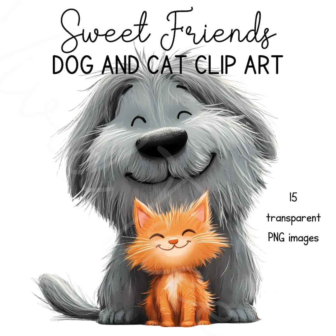 15 Quirky Dog and Cat Clip Art- Pet Friends- Sweet Dog and Cat Cuddling ...