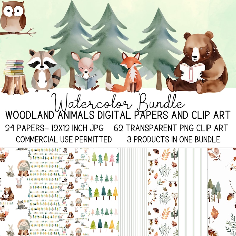 Woodland Animals Watercolor Clipart & Digital Paper Set (PNG, JPG ...