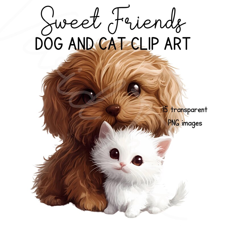 15 Quirky Dog and Cat Clip Art- Pet Friends- Sweet Dog and Cat Cuddling ...