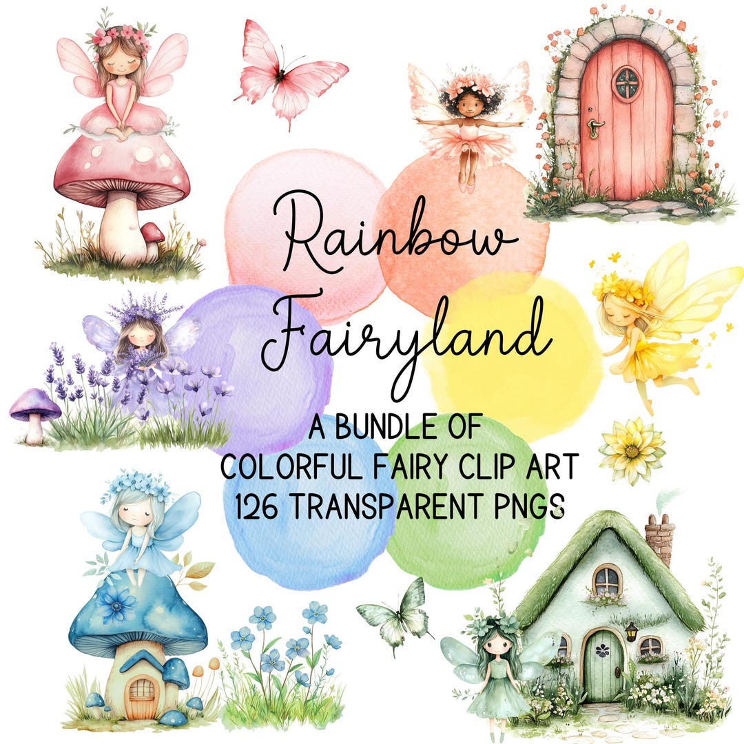 Cute Fairy Clip Art Bundle- Rainbow Fairies- Watercolor Magical Fairies ...