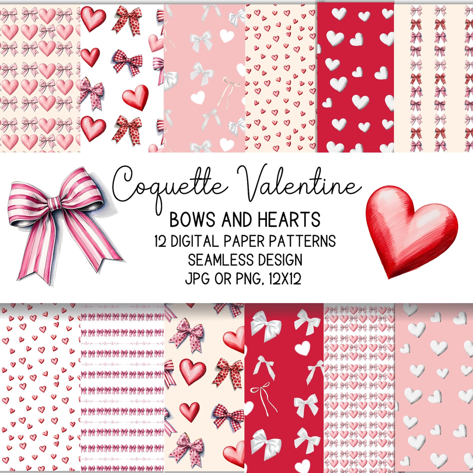 Coquette Valentine Digital Paper: Bows & Hearts Seamless Patterns (PNG ...