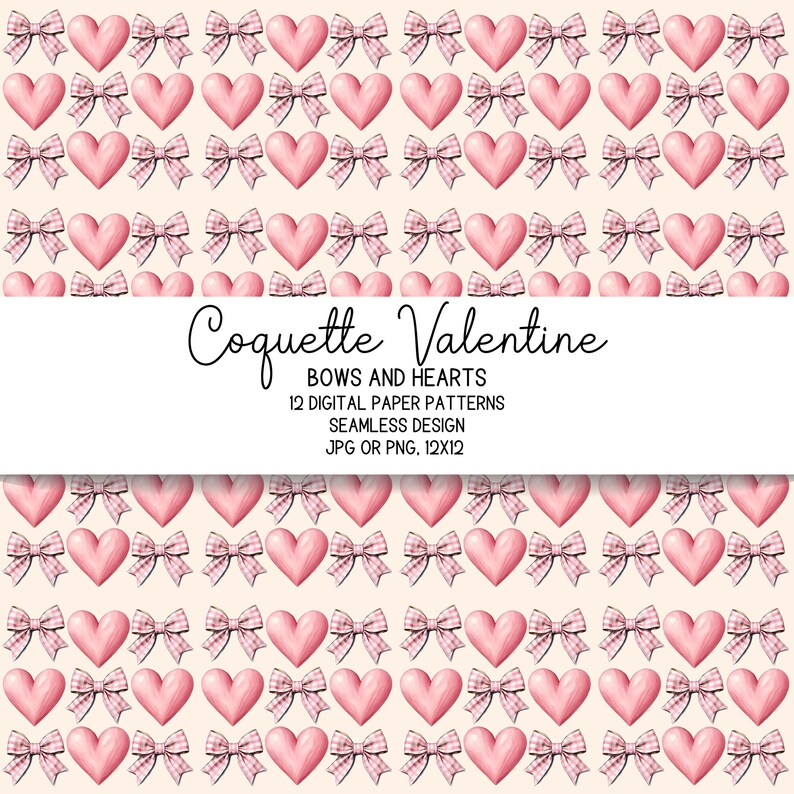 Coquette Valentine Digital Paper: Bows & Hearts Seamless Patterns (PNG ...